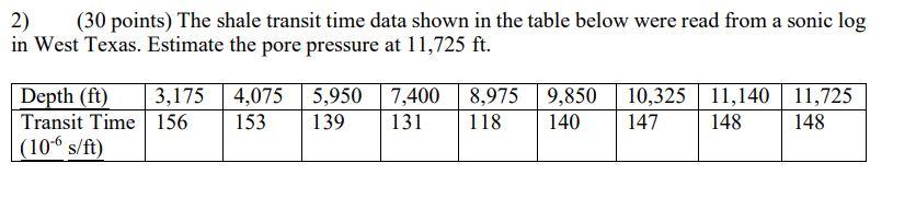 2) (30 points) The shale transit time data shown in | Chegg.com