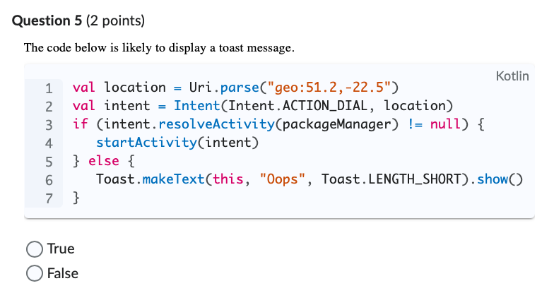 Solved The code below is likely to display a toast message. | Chegg.com
