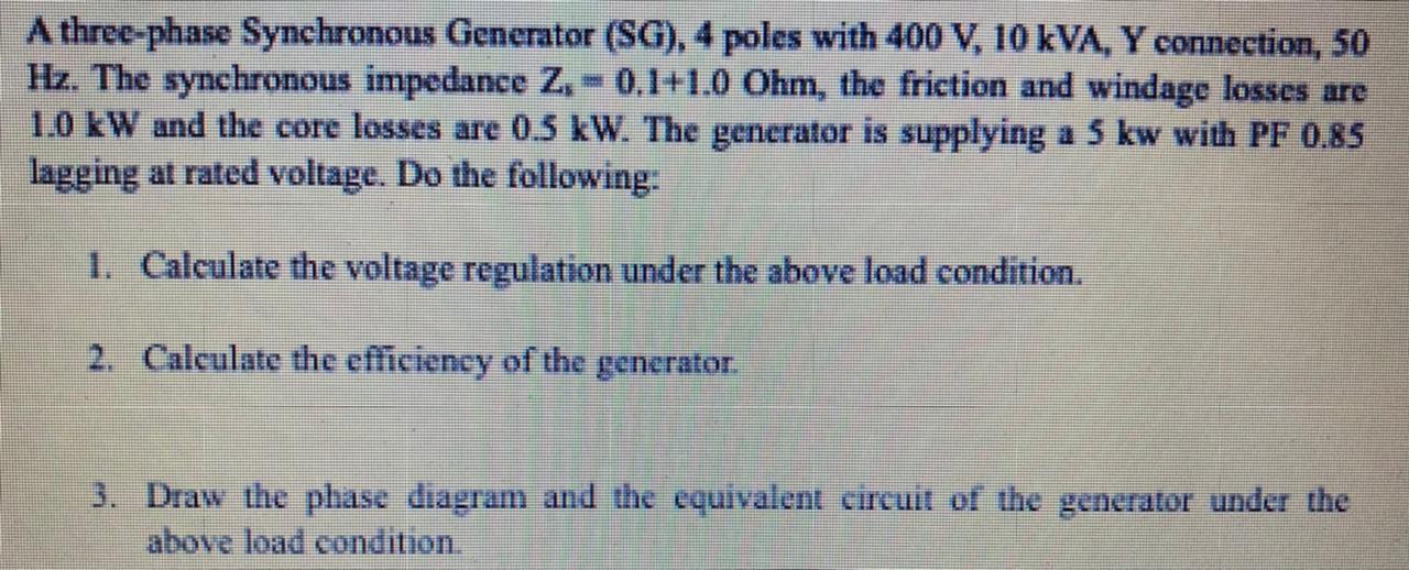 Solved A three-phase Synchronous Generator (SG), 4 poles | Chegg.com
