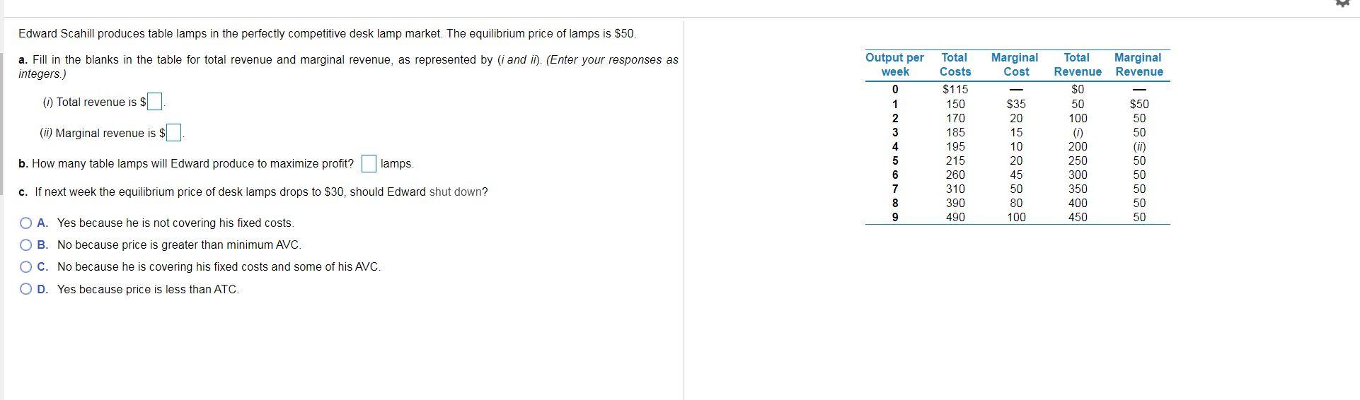 Solved Edward Scahill produces table lamps in the perfectly | Chegg.com