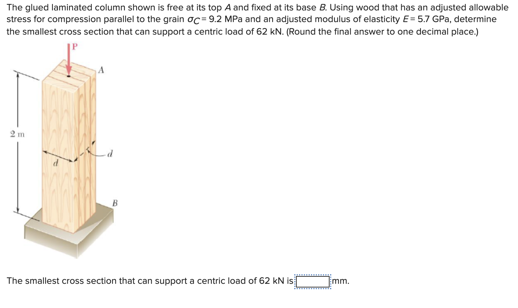 Solved The glued laminated column shown is free at its top A | Chegg.com