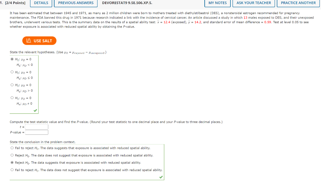 Solved 1. [2/4 Points] DETAILS PREVIOUS ANSWERS DEVORESTAT9 | Chegg.com