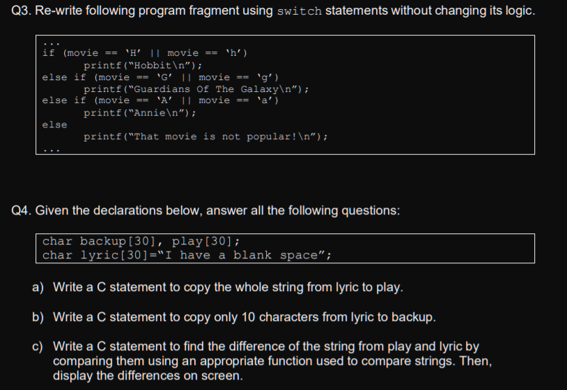 Solved Q1. Write the C codes to perform the following tasks: | Chegg.com