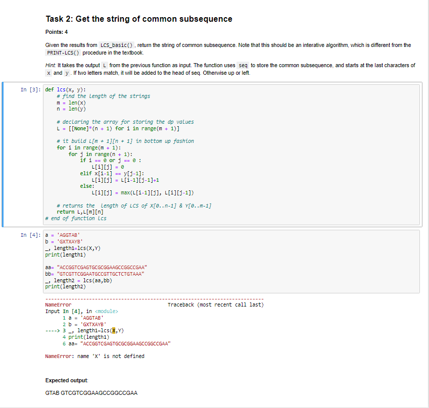 Solved Task 2 Get The String Of Common Subsequence Points