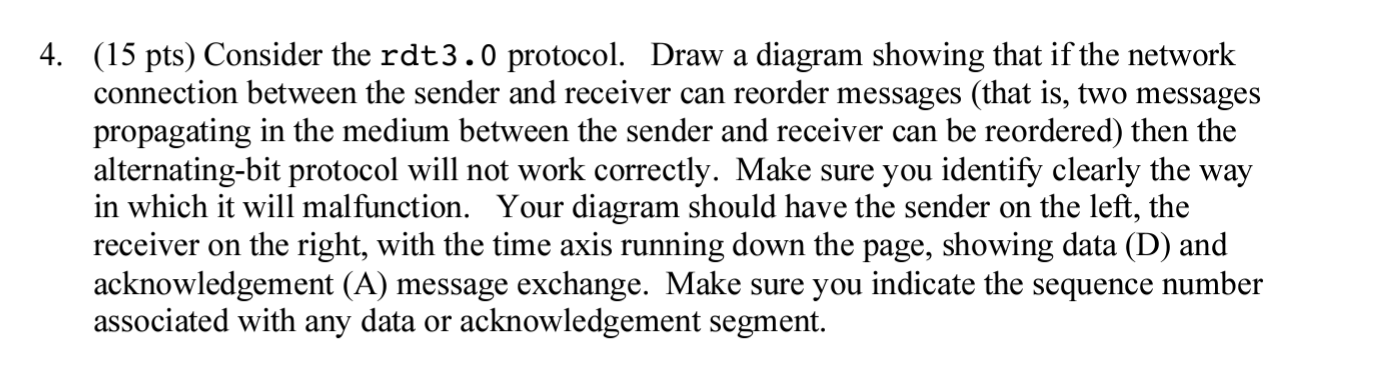 Solved ( 15 pts) Consider the rdt3.0 protocol. Draw a | Chegg.com