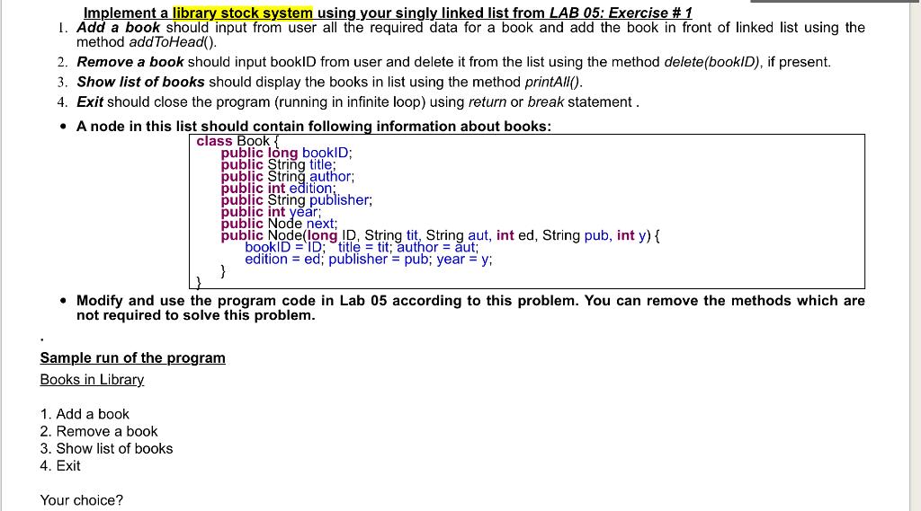 Solved Implement A Library Stock System Using Your Singly 