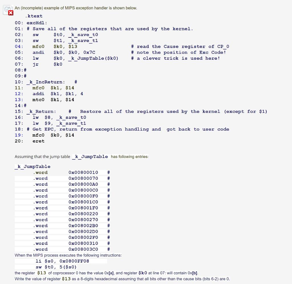 Solved SW 07: An (incomplete) example of MIPS exception | Chegg.com