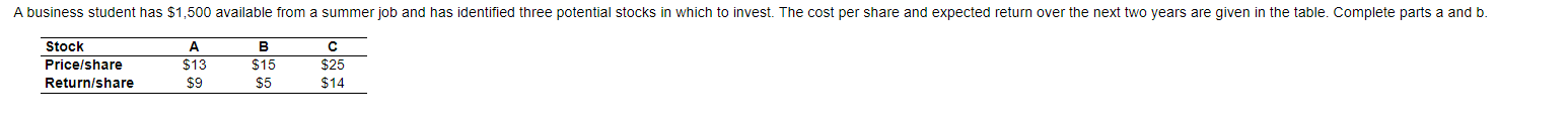 Solved \begin{tabular}{lccc} \hline Stock & A & B & C \\ | Chegg.com
