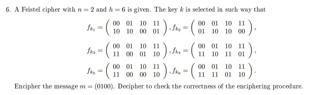 Solved A Feistel cipher with n=2 and h=6 is given. The key k | Chegg.com