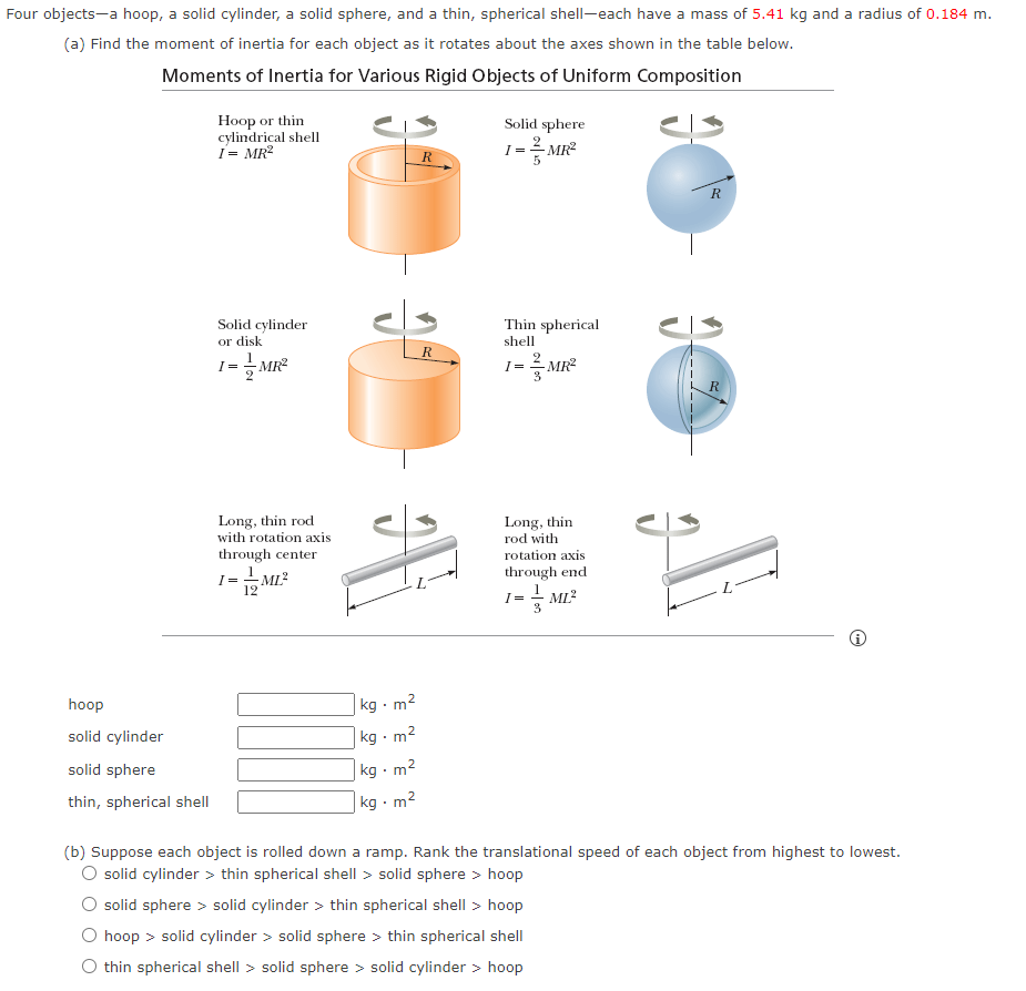 Solved Four objects-a hoop, a solid cylinder, a solid | Chegg.com