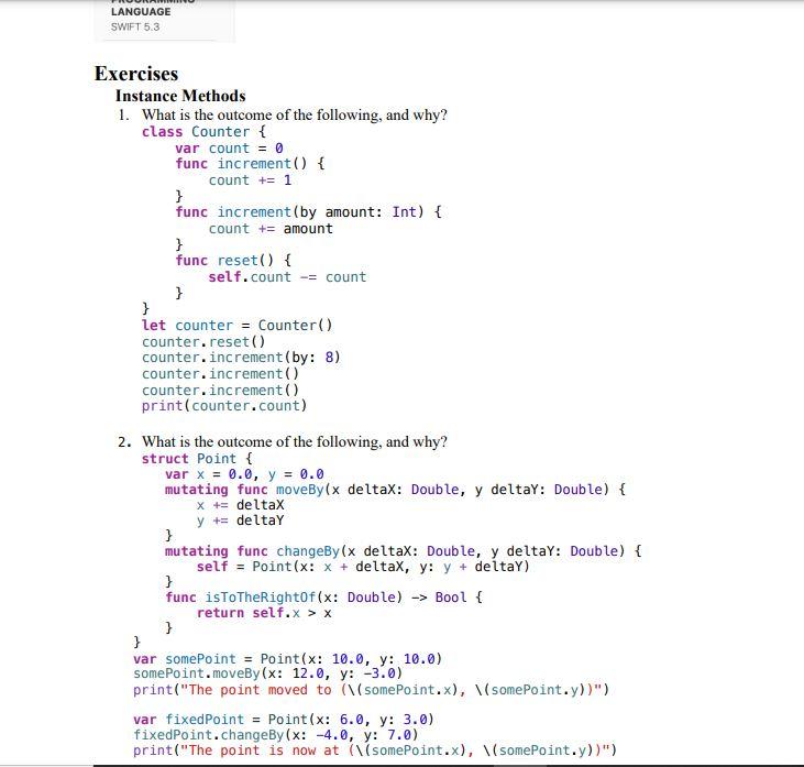 Solved LANGUAGE SWIFT 5.3 Exercises Instance Methods 1. What | Chegg.com