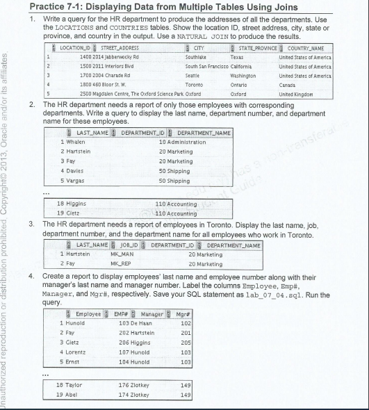 Solved 4 Practice 7-1: Displaying Data from Multiple Tables | Chegg.com