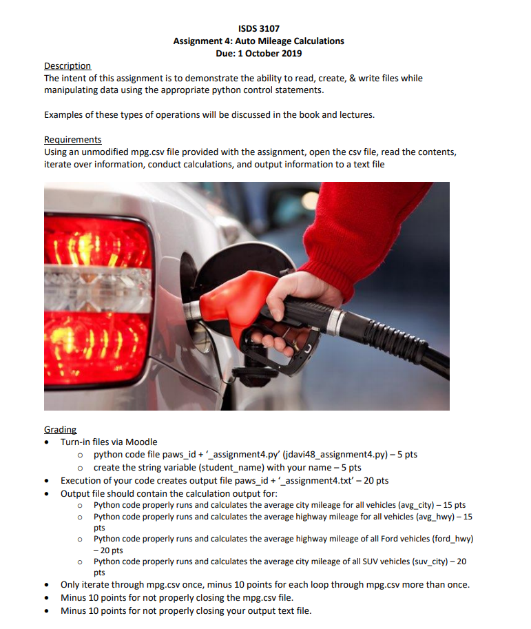 ISDS 3107 Assignment 4: Auto Mileage Calculations | Chegg.com