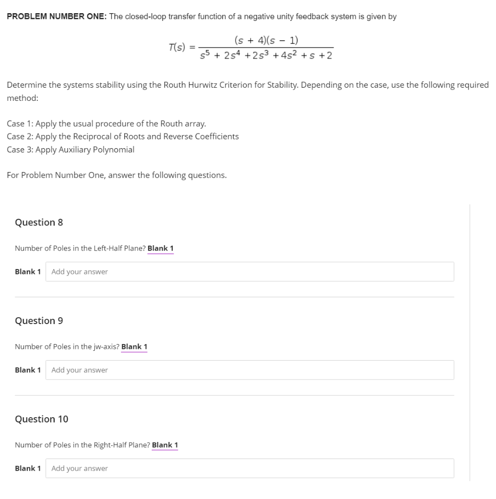 Solved Problem Number One The Closed Loop Transfer Function