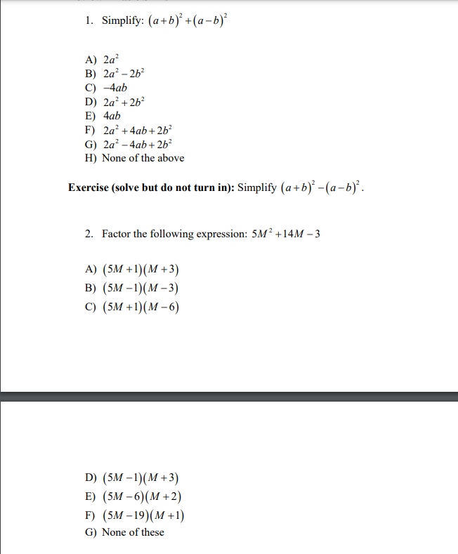Solved 1. Simplify: (a+b)+(a - b)? A) 2a B) 2a? - 262 C) | Chegg.com