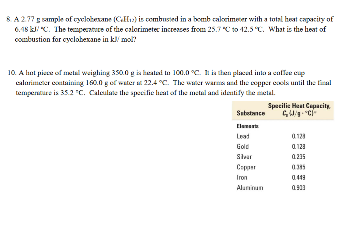 Solved 8. A 2.77 g sample of cyclohexane (C6H12) is | Chegg.com