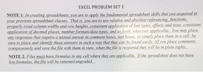 Solved EXCEL PROBLEM SET 1 NOTE 1: In creating spreadsheets, | Chegg.com