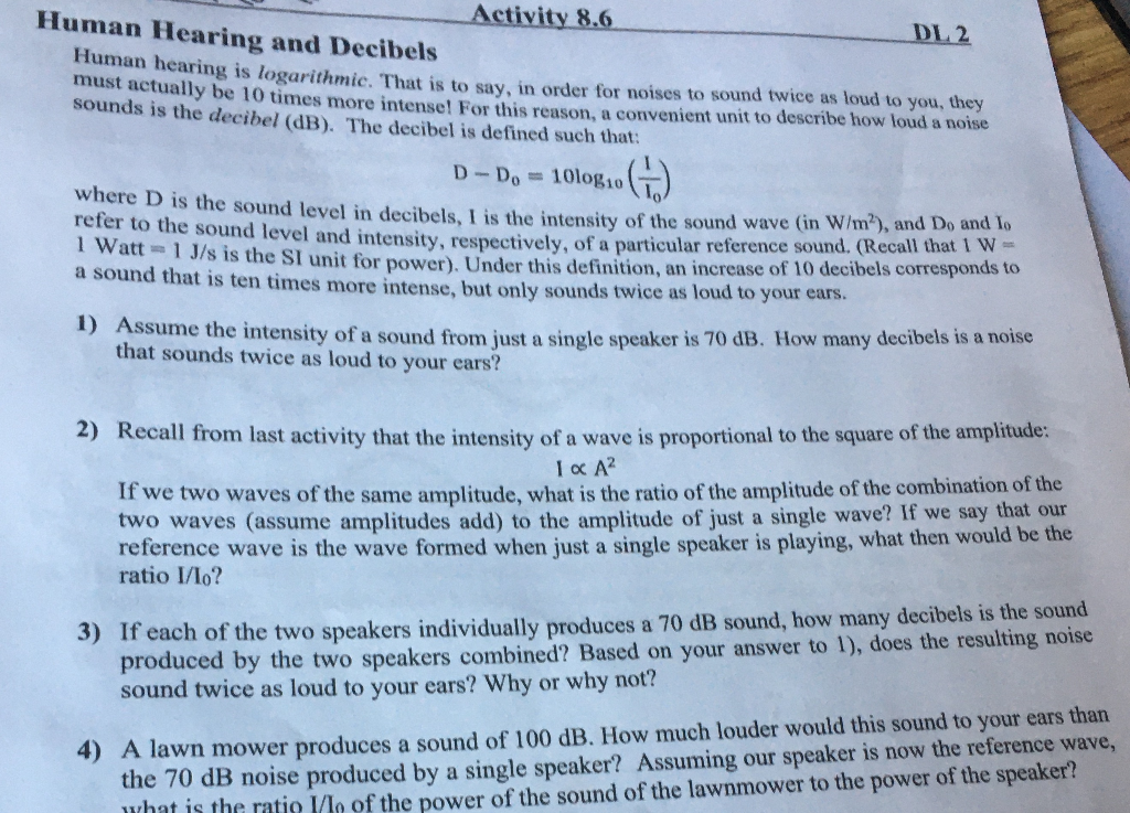 Solved DL 2 Activity 8.6 Human Hearing and Decibels Human | Chegg.com