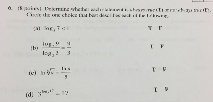 Solved Determine whether each statement is always true (T) | Chegg.com