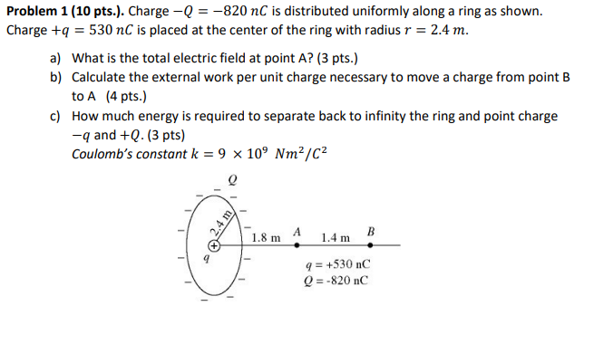 Solved Problem 1 ( 10 pts.). Charge −Q=−820nC is distributed | Chegg.com