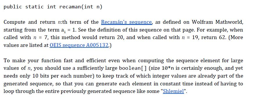 Solved public static int recaman(int n) Compute and return | Chegg.com