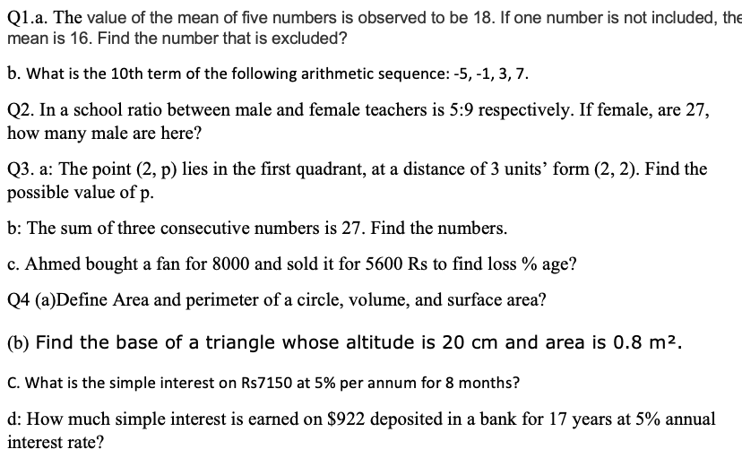 Solved Q1.a. The value of the mean of five numbers is | Chegg.com