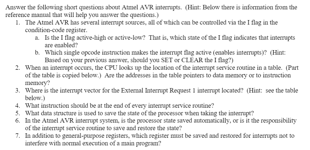 Answer the following short questions about Atmel AVR | Chegg.com