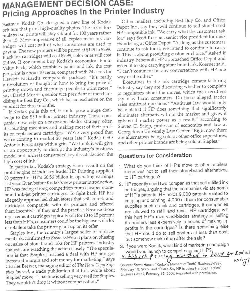 Solved MANAGEMENT DECISION CASE: Pricing Approaches in the | Chegg.com