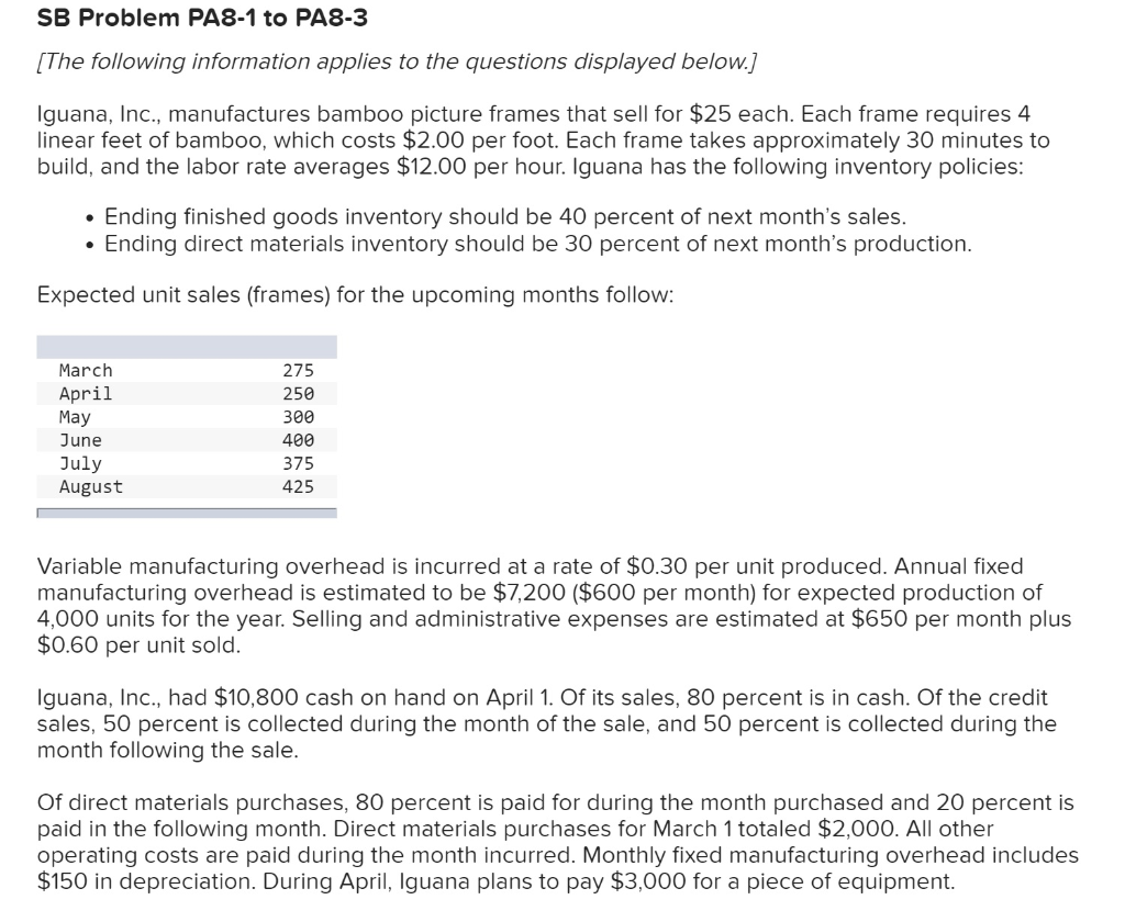 Solved SB Problem PA8-1 to PA8-3 [The following information | Chegg.com