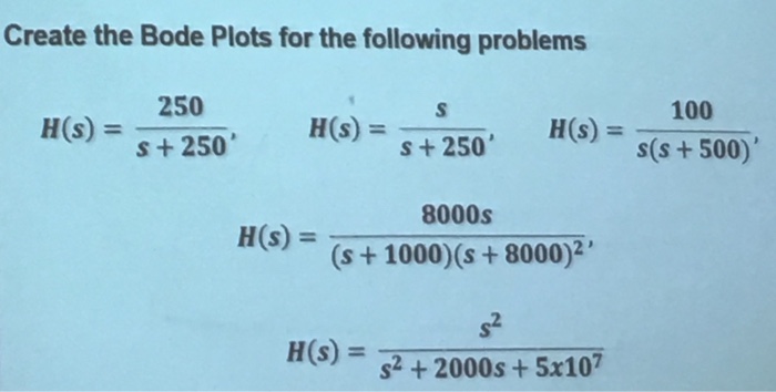 Solved Create the Bode Plots for the following problems 250 | Chegg.com