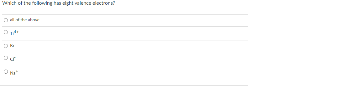 Solved Which of the following has eight valence electrons? | Chegg.com