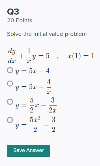 Solved Q3 20 Points Solve the initial value problem dy x(1) | Chegg.com