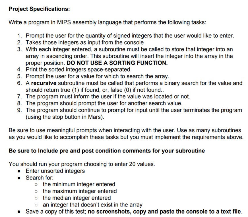 Project Specifications Write A Program In Mips 6970
