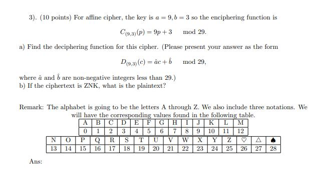 Solved 3). (10 points) For affine cipher, the key is a = 9,6 | Chegg.com