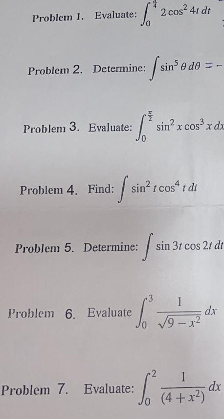 Solved Problem 1. Evaluate: ∫04π2cos24tdt Problem 2. | Chegg.com