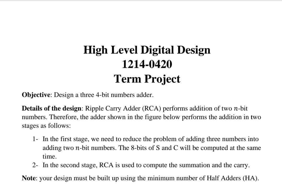 Solved High Level Digital Design 1214-0420 Term Project | Chegg.com