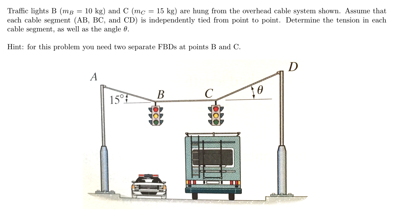 Solved Traffic lights B(mB=10 kg) and C(mC=15 kg) are hung | Chegg.com