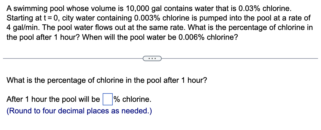 Solved A swimming pool whose volume is 10,000 gal contains | Chegg.com