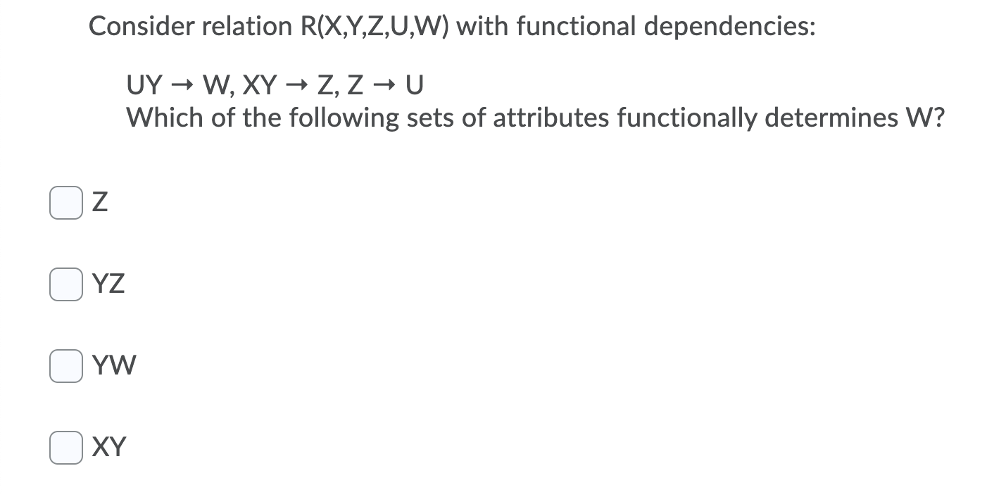 Solved Consider relation R(X,Y,Z,U,W) with functional | Chegg.com