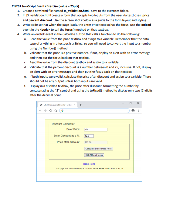 Solved CIS201 JavaScript Events Exercise (value = 25pts) 1. | Chegg.com