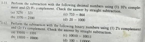 Solved 1-11. Perform the subtraction with the following | Chegg.com