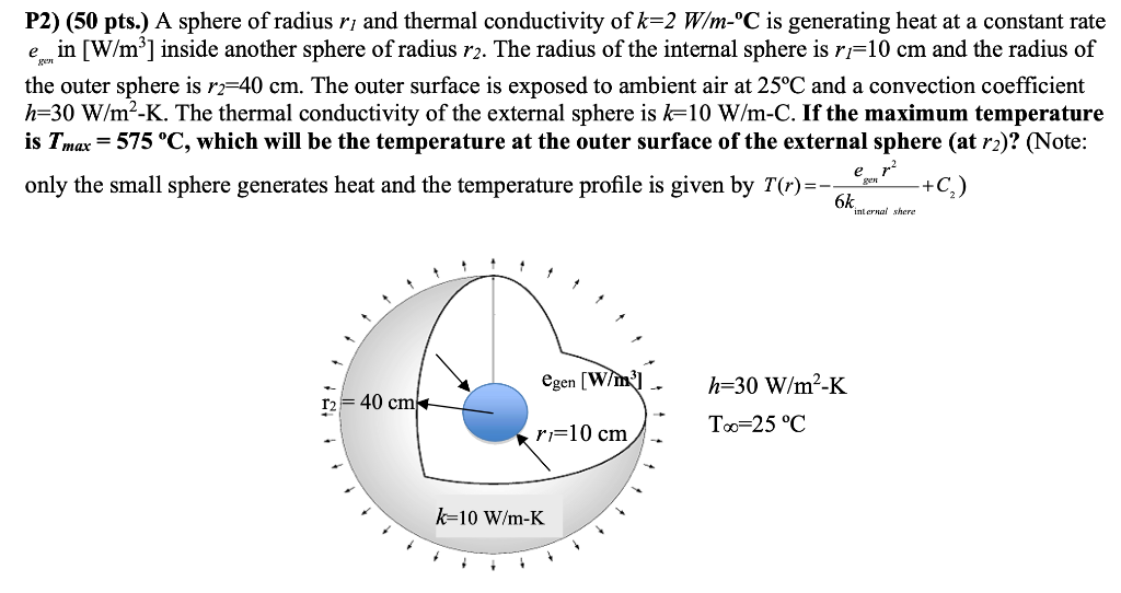 Solved P2) (50 pts.) A sphere of radius rl and thermal | Chegg.com