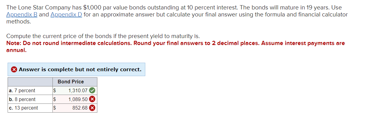 Solved The Lone Star Company has $1,000 par value bonds | Chegg.com