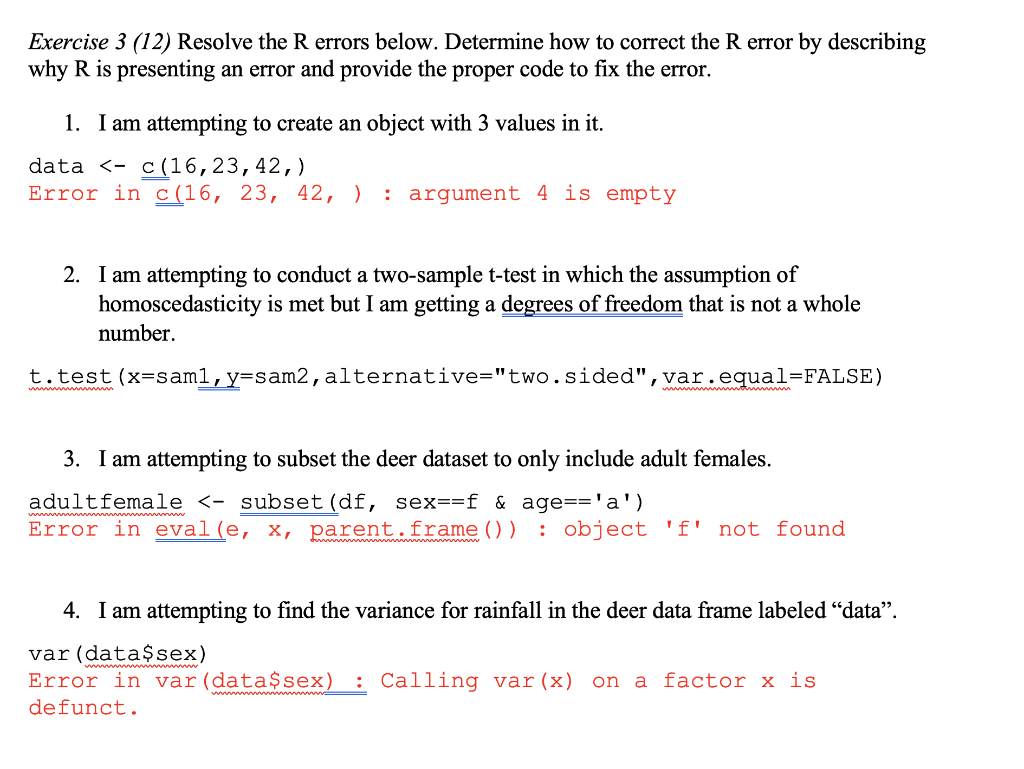 Solved Exercise 3 (12) Resolve the R errors below. Determine | Chegg.com