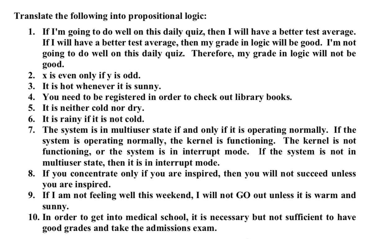 Translate the following into propositional logic: 1. | Chegg.com