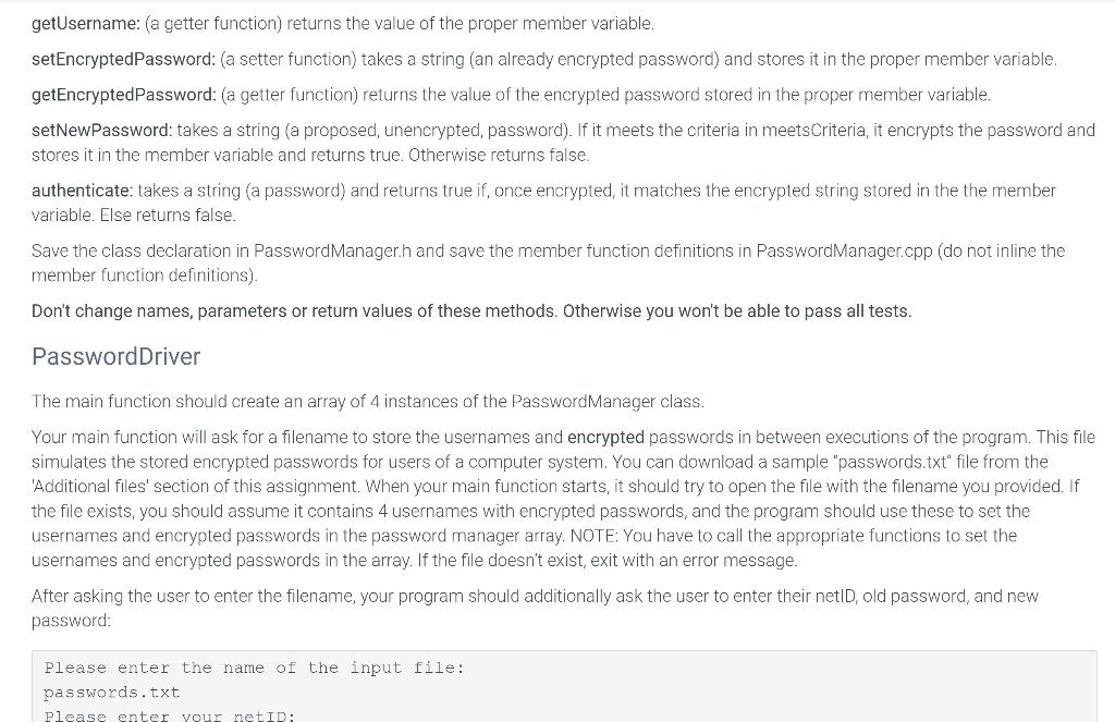 Solved PasswordManager Class The Password Manager class | Chegg.com