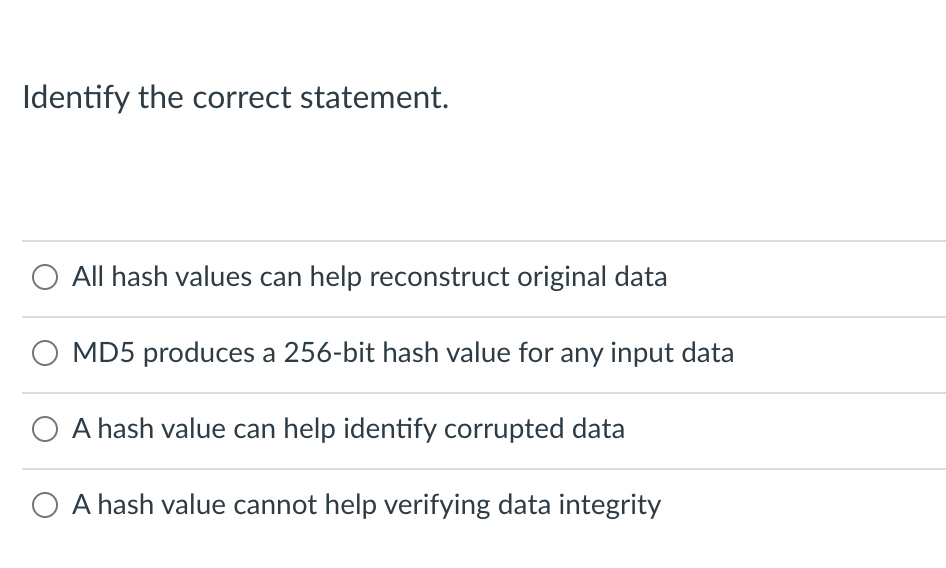 Solved Identify the correct statement. O All hash values can | Chegg.com