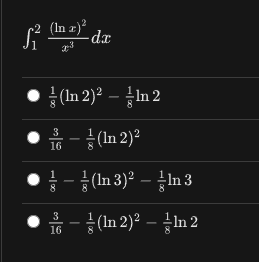 Solved ∫12(lnx)2x3dx 18(ln2)2-18ln2316-18(ln2)2 18-18(ln3)2- | Chegg.com