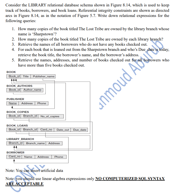 Solved Consider the LIBRARY relational database schema shown | Chegg.com