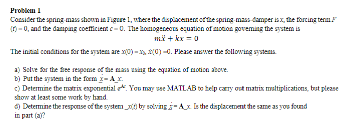 Solved Problem 1 Consider the spring-mass shown in Figure 1, | Chegg.com